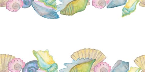 조개와 불가사리 프레임 수평 배너 수채화 그림은 섬유 디자인 스티커 카드 배너에 대 한 흰색 배경 기반에 고립되어 있습니다 Unmanned Spacecraft에 대한 스톡