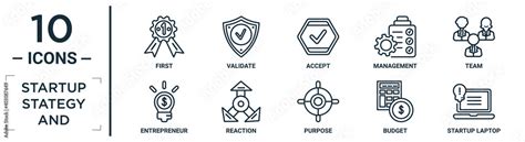 Startup Stategy And Linear Icon Set Includes Thin Line First Accept Team Reaction Budget
