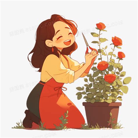 卡通女人给盆里的玫瑰剪枝免抠元素图片免费下载 Png素材 编号1yqi6jw3k 图精灵