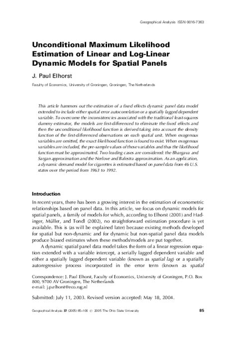 Pdf Unconditional Maximum Likelihood Estimation Of Linear And Log Linear Dynamic Models For