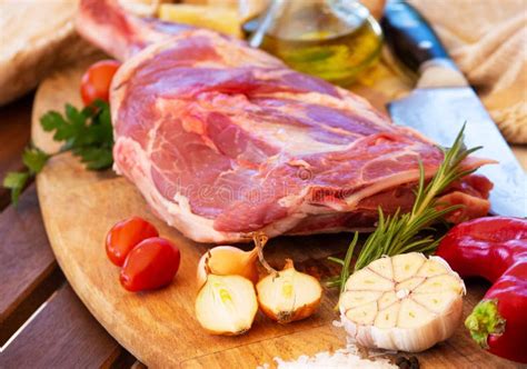 Fresh And Raw Meat Leg Of Lamb On Wood Background Spain Stock Image Image Of Christmas