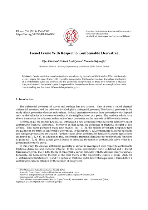 Pdf Frenet Frame With Respect To Conformable Derivative