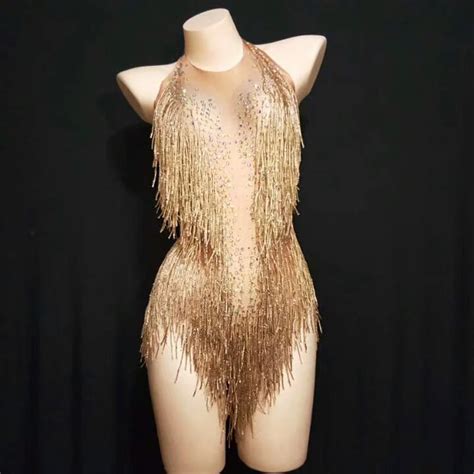 Sparkly Rhinestones Fringes Bodysuit Women Nightclub Outfit Glisten