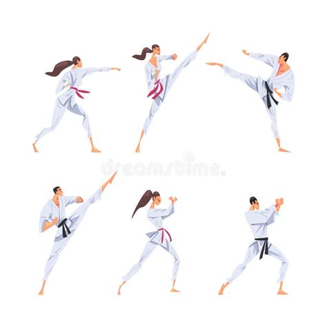 Male And Female Karate Fighter In White Kimono Practicing Martial Art