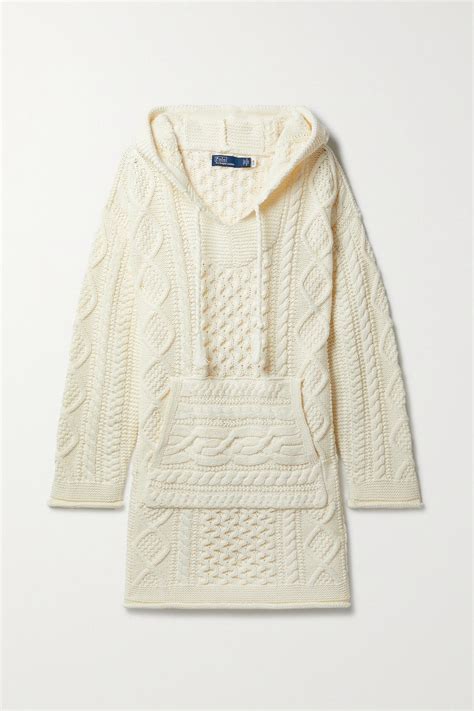 Polo Ralph Lauren Aran Cable Knit Cotton Hoodie In Natural Lyst
