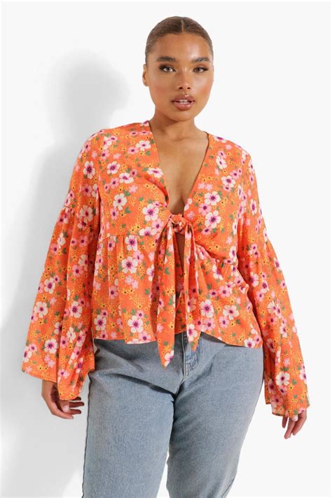 Womens Plus Ditsy Floral Tie Front Blouse Boohoo Uk
