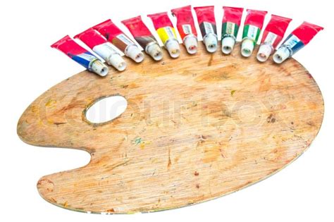 Palette Med Olie Maling Og Pensler Stock Foto Colourbox