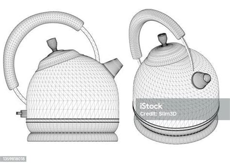 흰색 배경에 고립 된 검은 색 라인에서 주전자 와이어 프레임으로 설정합니다 측면 보기 등등 측정 3d 벡터 일러스트레이션 3차원