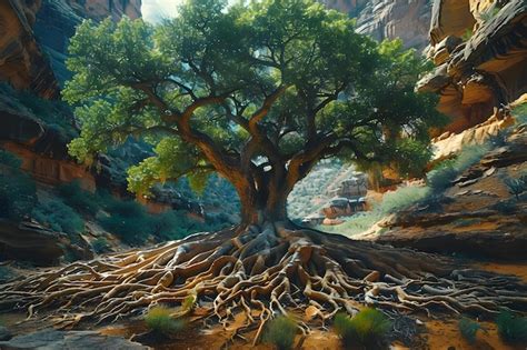 Premium Photo Tree With Split Trunk And Large Roots Thriving In Arid