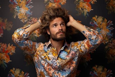Premium Photo Handsome Man With Stylish Hairdo Dressed Print Shirt Arms Behind Head Eyes