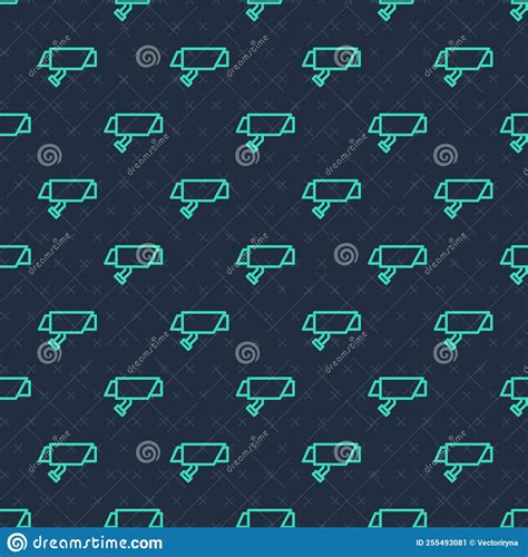 Green Line Security Camera Icon Isolated Seamless Pattern On Blue