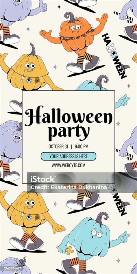 그루비 복고풍 해피 할로윈 파티 초대장 소름 끼치고 Skary 얼굴을 가진 복고풍 그루비 캐릭터 호박 현대 벡터 일러스트 레이 션 10월에 대한 스톡 벡터 아트 및 기타
