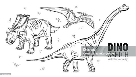 손으로 그린 공룡 스케치 세트 디플로도쿠스 트리케라톱스 프테라노돈 그리기에 대한 스톡 벡터 아트 및 기타 이미지 그리기 드로잉 디플로도쿠스 Istock