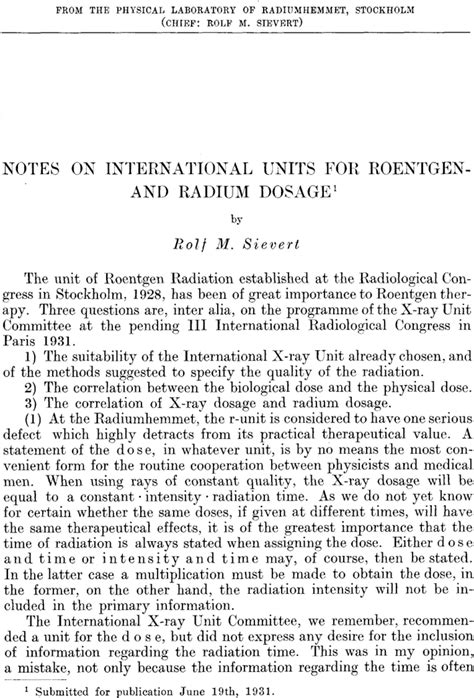 Notes On International Units For Roentgen And Radium Dosage Rolf M Sievert 1931
