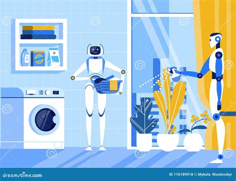 Household Chore Automatization Robot Helpers Stock Vector