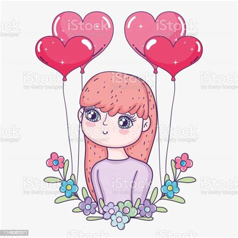 女孩與心臟氣球和花與樹枝葉子向量圖形及更多事件圖片 事件 二月 人 Istock
