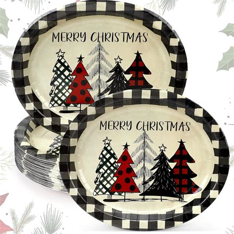 Ziliny 50 Count Christmas Oval Paper Plates Xmas Tree Buffalo Plaid Disposable