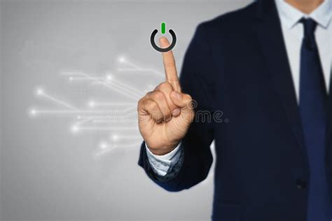 Man Pressing Power Button On Virtual Screen Stock Photo Image Of Concept Connection
