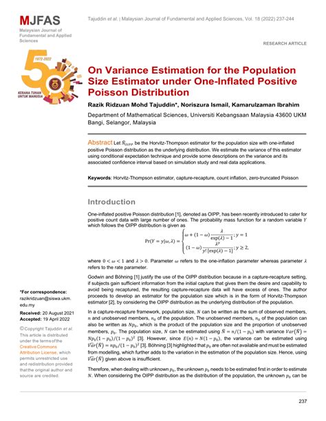 Pdf On Variance Estimation For The Population Size Estimator Under One Inflated Positive