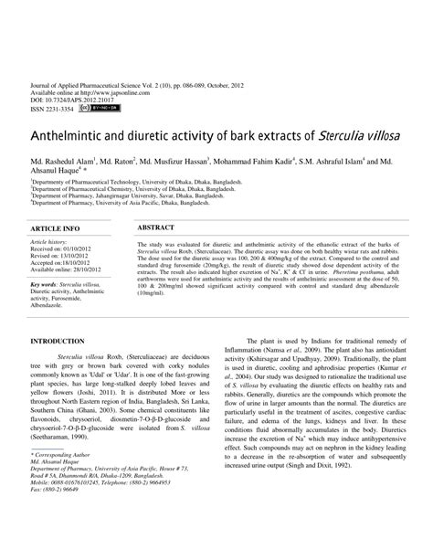 Pdf Anthelmintic And Diuretic Activity Of Bark Extracts Of Sterculia