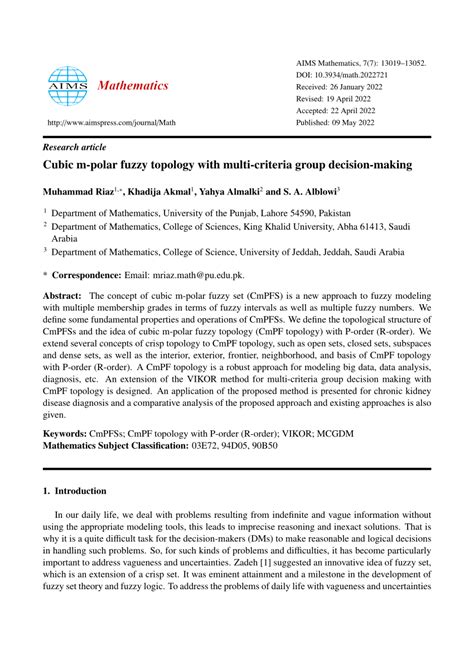 Pdf Cubic M Polar Fuzzy Topology With Multi Criteria Group Decision