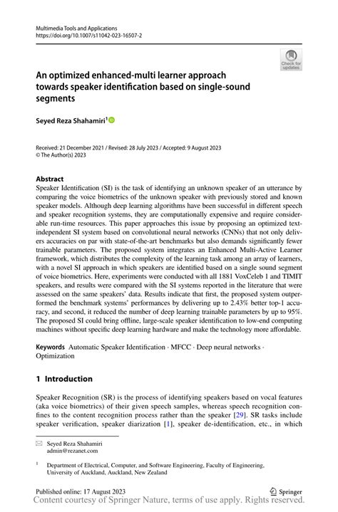 Pdf An Optimized Enhanced Multi Learner Approach Towards Speaker Identification Based On