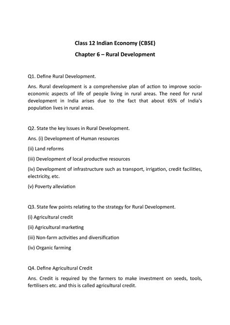 Chapter Indian Economy Class Indian Economy CBSE Chapter Rural Development Q