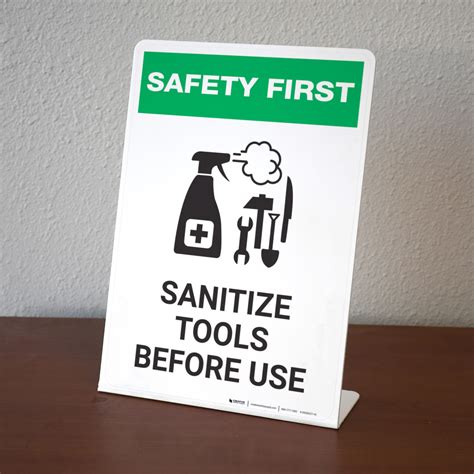 Safety First Sanitize Tools Before Use With Icon Portrait Desktop Sign