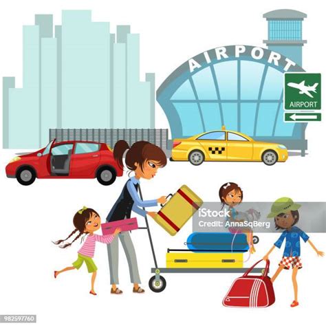 공항에 대기 택시에 여자와 가족 여자 트롤리 도시 거리 빨간 차 벡터 일러스트 레이 션 근처에 가방을 들고 세 자녀 엄마 가방에 대한 스톡 벡터 아트 및 기타 이미지