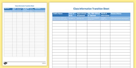 Class Information Transition Sheet Class Information Transition