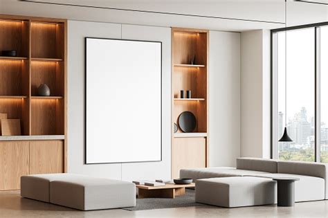 나무 선반 중성적인 가구 큰 창문을 통해 도시를 볼 수 있는 현대적인 거실 인테리어의 빈 포스터 모형 3d 렌더링 0명에 대한 스톡 사진 및 기타 이미지 Istock