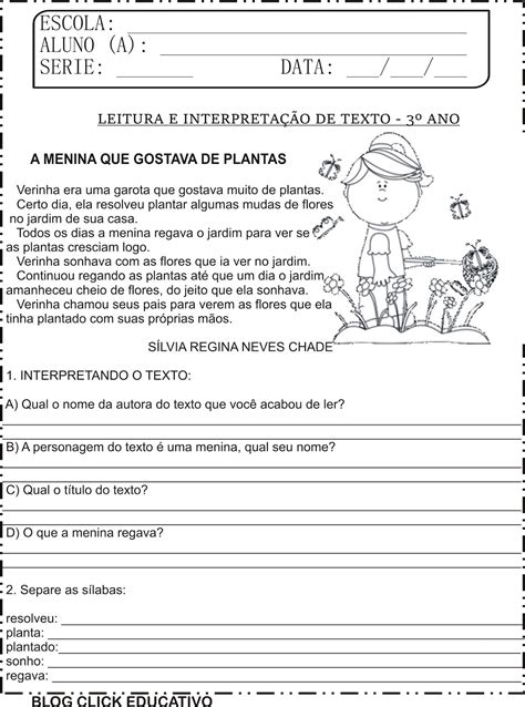 Leitura E Interpretação De Texto A Menina Que Gostava De Plantas