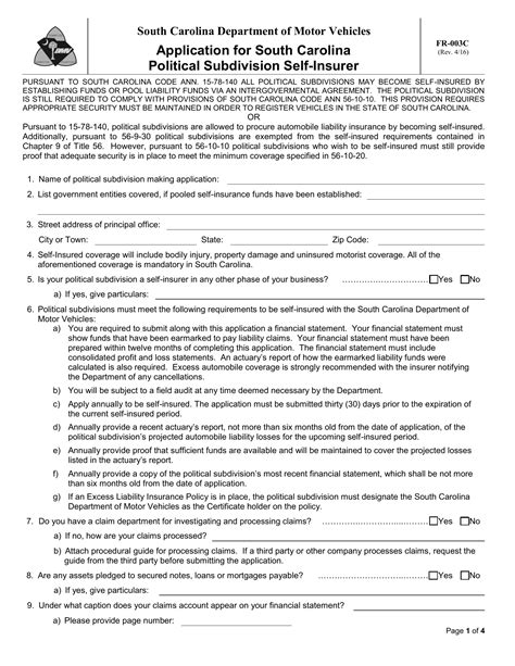 Scdmv Form Fr 003c Application For South Carolina Political