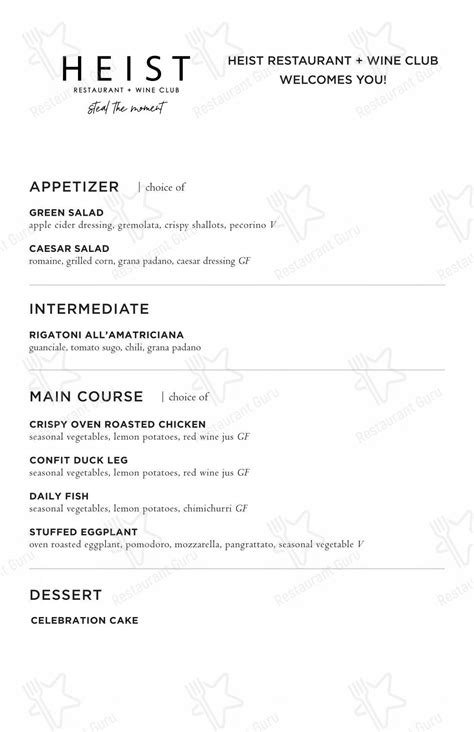 Menu At Heist Restaurant Wine Club Kingston