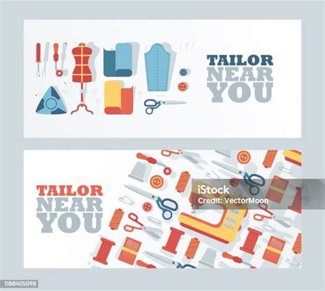 양복점 배너 벡터 일러스트레이션 아틀리에 드레스 메이킹 서비스 패션 디자인 스튜디오 전문 의류 수리 플랫 스타일의 드레스 메이킹 테일러링 아이콘 재단사에 대한 스톡 벡터