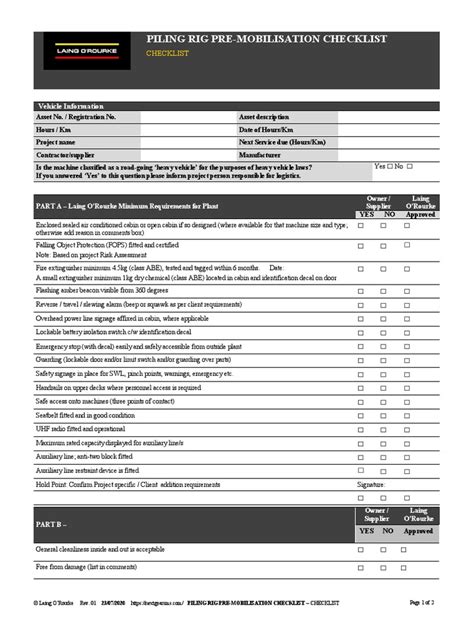 Piling Rig Pre Mobilisation Checklist Pdf Truck Manufactured Goods