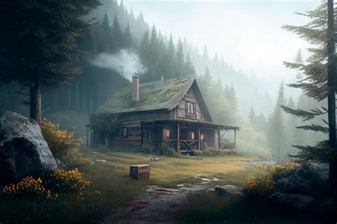 Premium Photo A Cabin In The Middle Of A Forest With Fog And Trees On