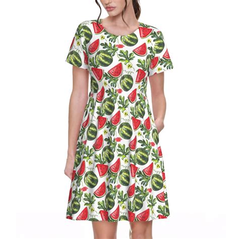 Defioc Watermelons Pattern Womens Summer Dresses Short Sleeve Sundress