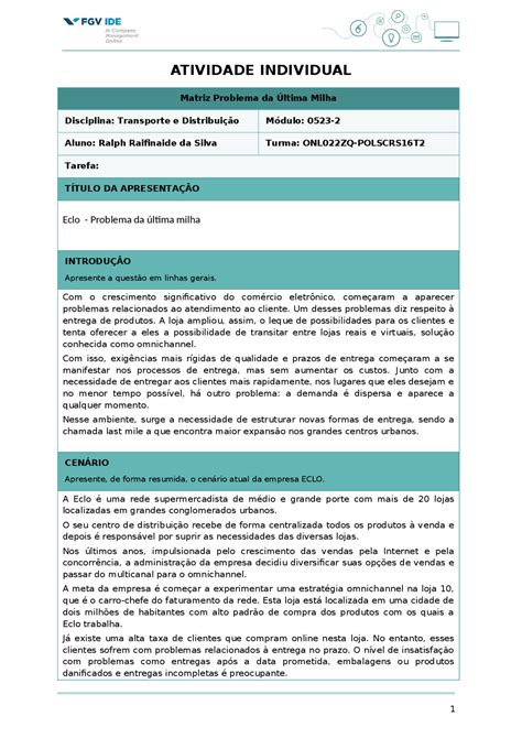 Matriz Problema Ultima Milha Exercícios Logística Docsity