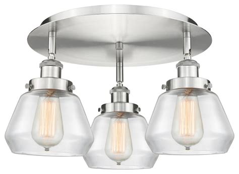 Fulton 3 Light 18 Flush Mount Satin Nickel Clear Glass Shade Industrial Flush Mount
