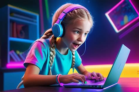 Amazed Shocked Cute Preteen Blonde Girl With Two Braids Using Laptop