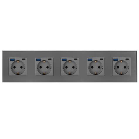 Розетка Серый с Usb и Type C портами рамка стекла 5 пост шторками 16А 250v купить с