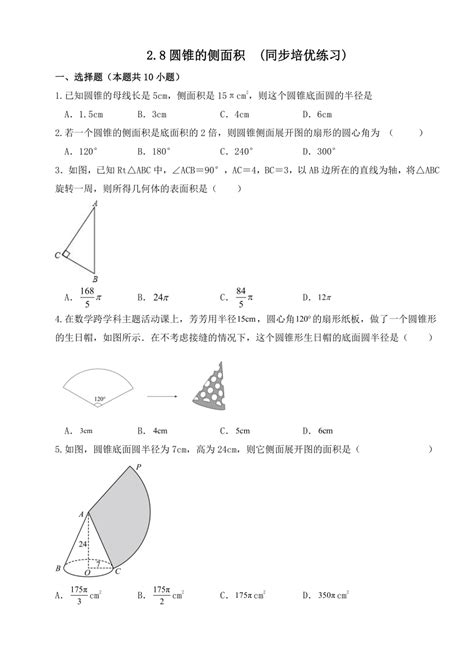 28圆锥的侧面积 同步培优练习（无答案）2023 2024学年苏科版数学九年级上册 21世纪教育网