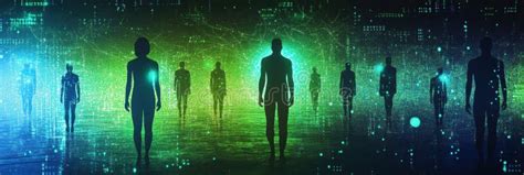 Futuristic Digital Landscape Featuring Human Silhouettes And Floating Matrix Code In A