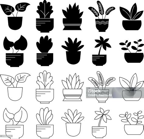 편집 가능한 스톡이 있는 화분에 심은 식물 평면 아이콘 세트입니다 Pot Symbols 인포그래픽 웹 및 모바일 개념에 대한 요소 관엽 식물 화분 기호입니다 원예 표지판