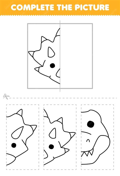 어린이를 위한 교육 게임은 인쇄 가능한 선사 시대 공룡 워크시트를 색칠하기 위한 귀여운 만화 트리케라톱스 머리 절반 개요의 그림을 자르고 완성합니다 프리미엄 벡터