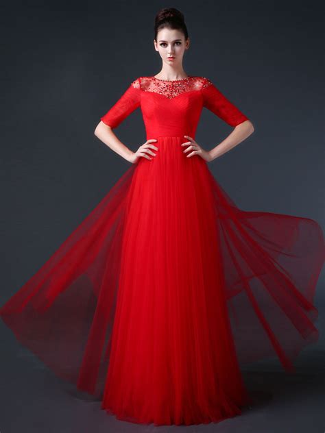 Red Modest Formal Prom Pageant Evening Dress With Sleeves Cc3002 Jojo
