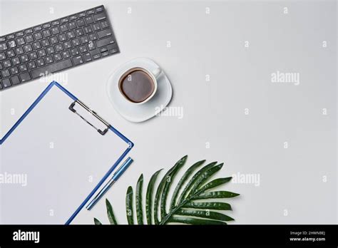 Bright Office Workspace Work Space With Notepad Keyboard Coffee And