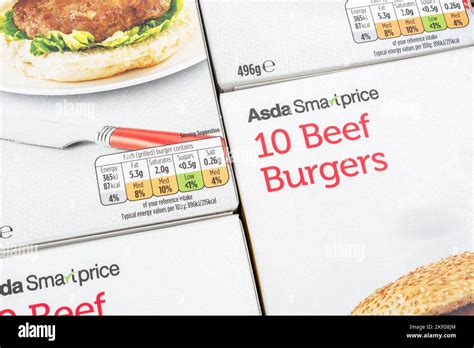 Label On Cardboard Packet Of Asda Supermarket Own Label Economy Beef Burgers Mid 2022 For