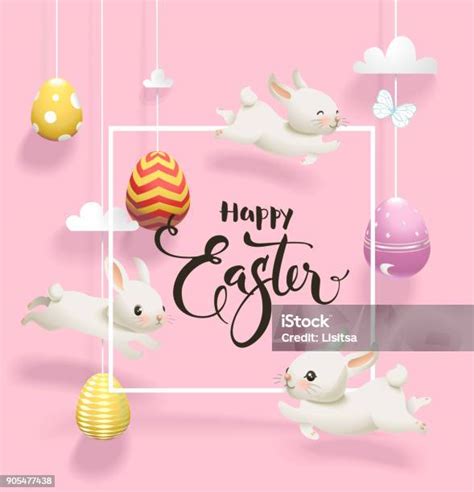 부활절 달걀 실에 매달려 흰 토끼 주위를 점프 사각형 테두리 및 전통적인 휴가 길 손 분홍색 배경에 우아한 붓글씨 폰트로 작성 된 벡터 일러스트입니다 귀여운에 대한 스톡